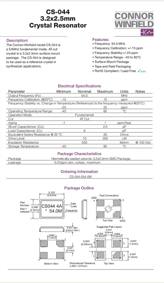CS-044-054.0M,3225进口石英晶振,美国进口ConnorWinfield晶振